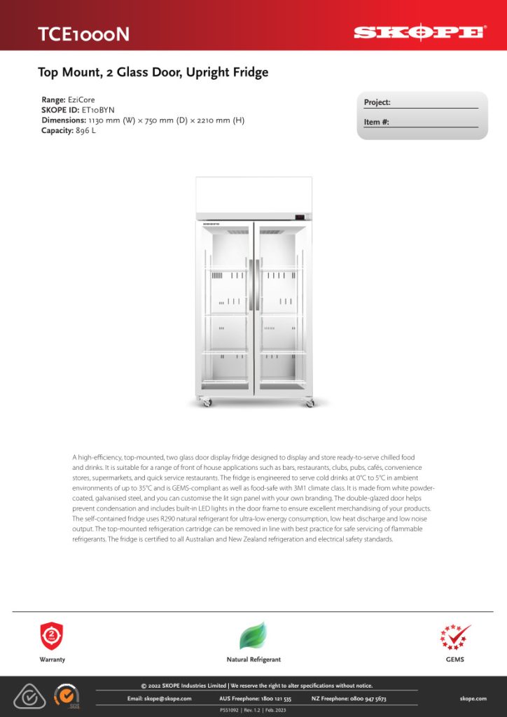SKOPE CHILLER TCE1000 DOUBLE DOOR 1130MM - Hospitality Rentals
